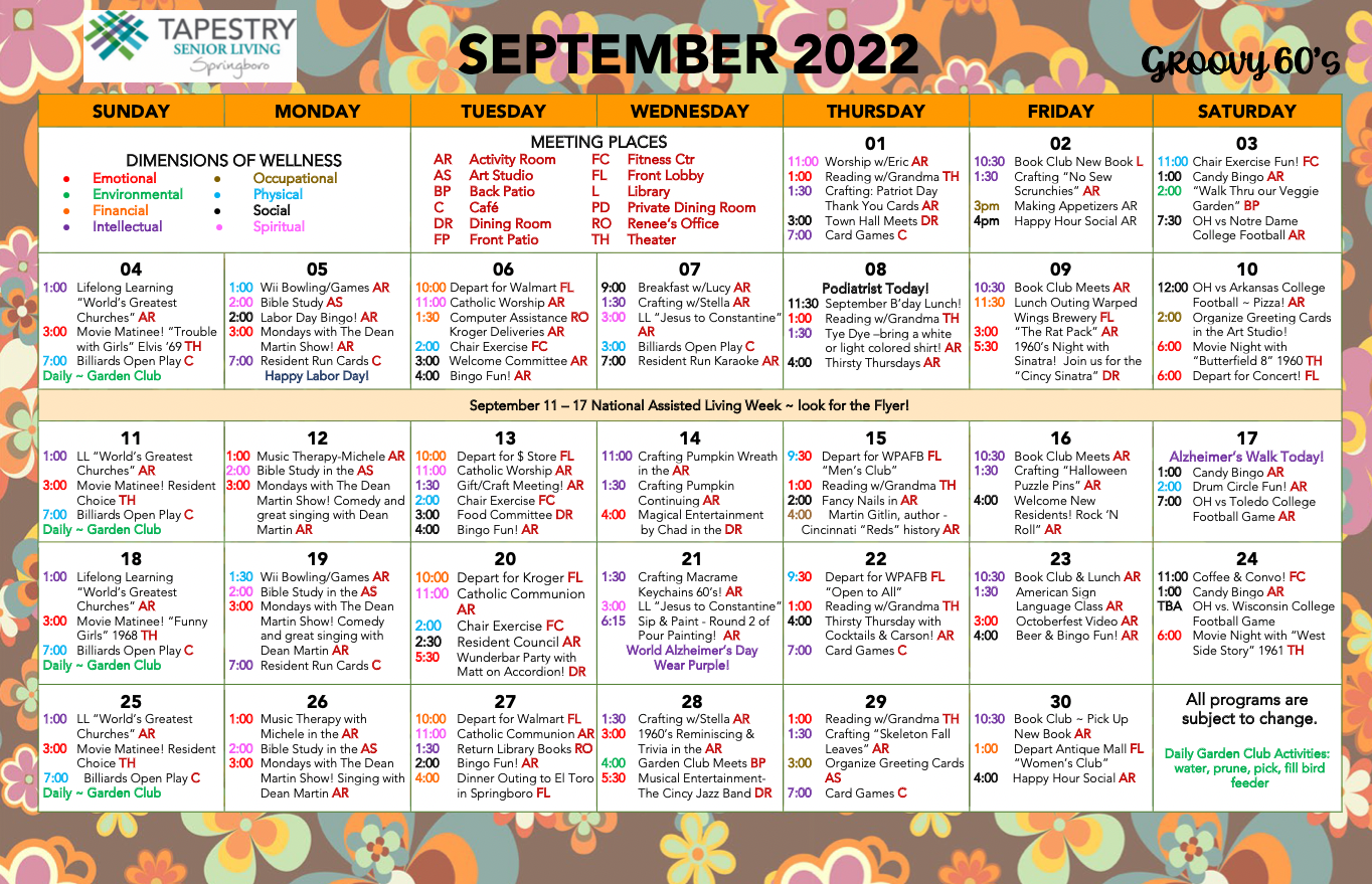 Activities Calendar | Tapestry Senior Springboro