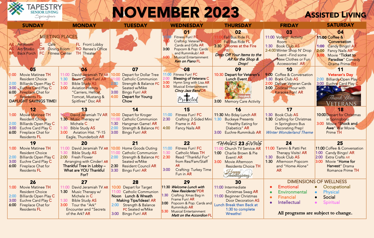 Activities Calendar | Tapestry Senior Springboro